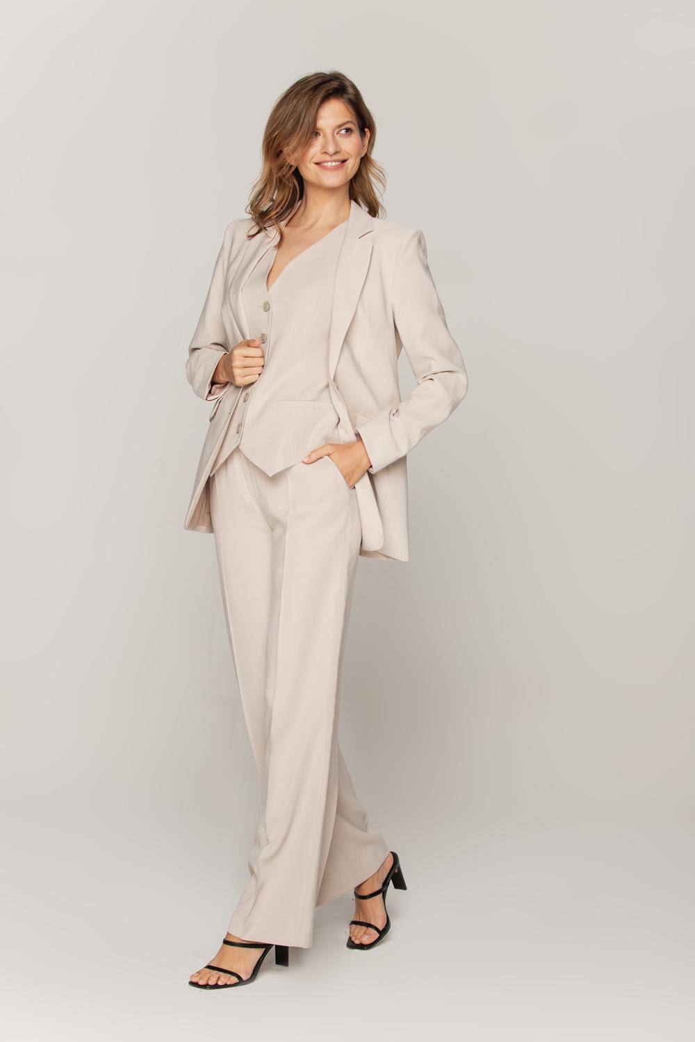 Beżowe szerokie spodnie w kant | Bialcon.pl