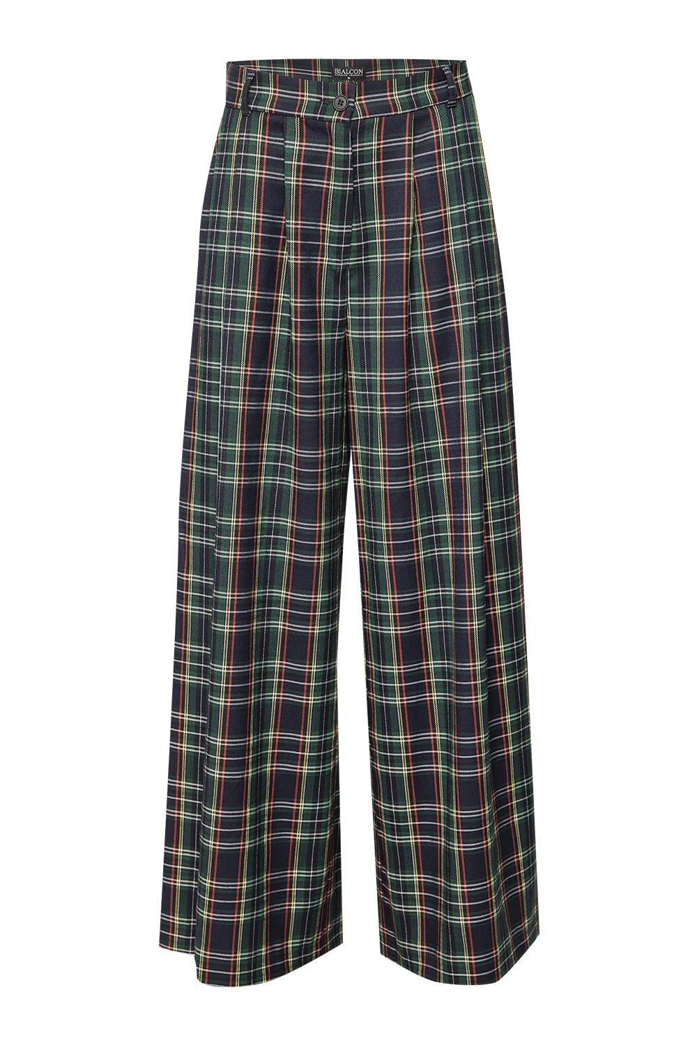 Granatowe szerokie spodnie w kratę | Bialcon.pl