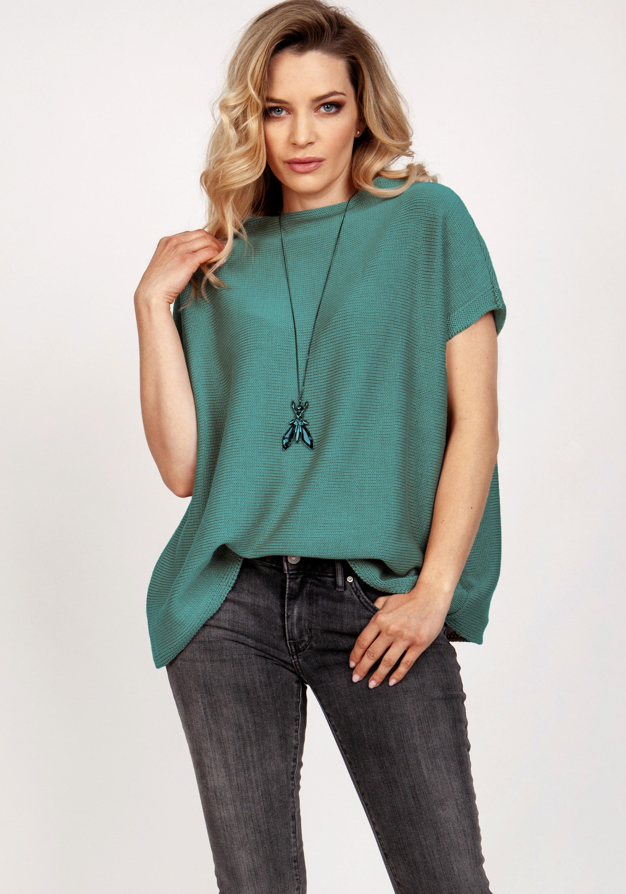 Turkusowy sweter z krótkim rękawem | Bialcon.pl